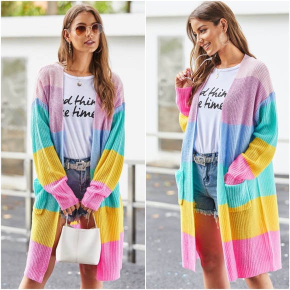 Sweaters | Boho Pocket Pink Color Block Knit Long Cardigan | Poshmark